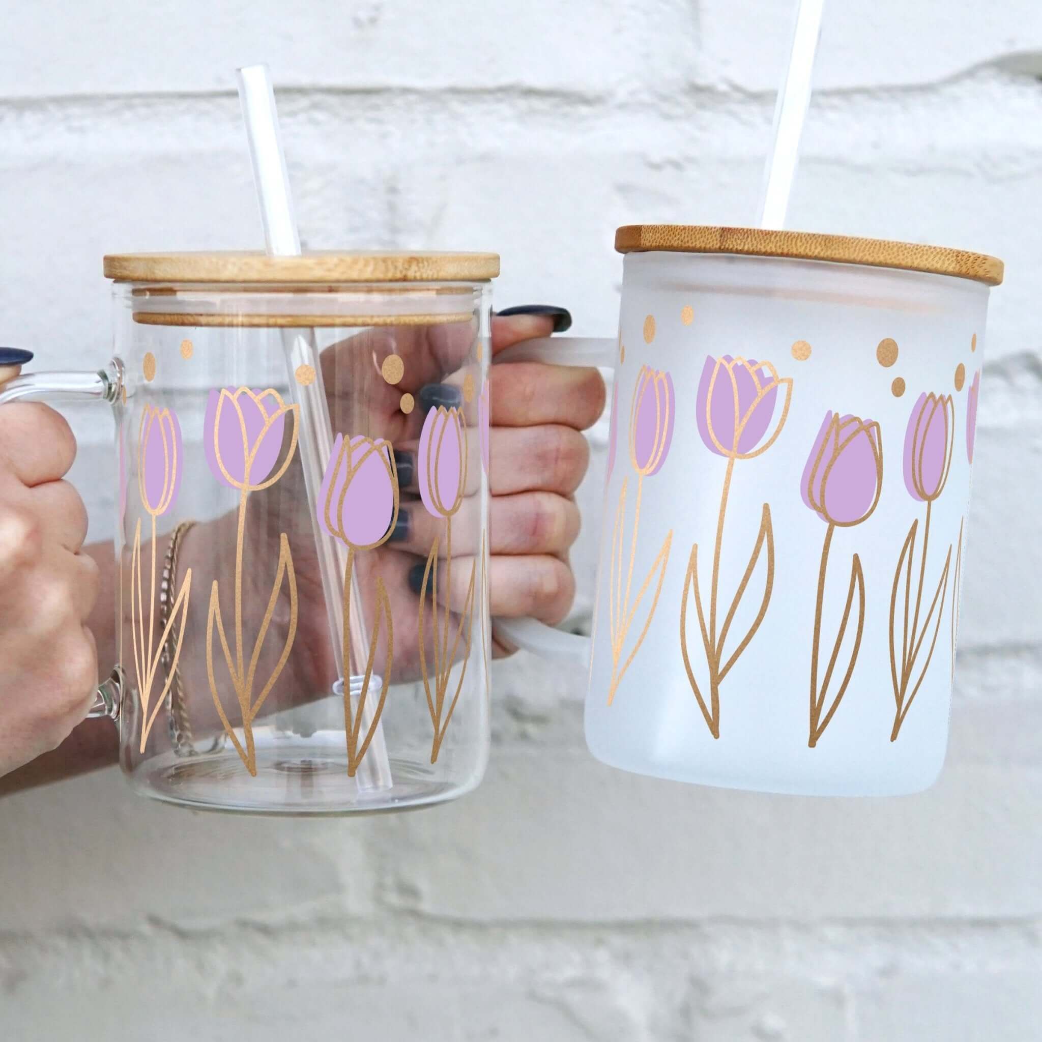 Purple Tulips 17oz Glass Mug With Lid and Straw – Sip Sip Hooray